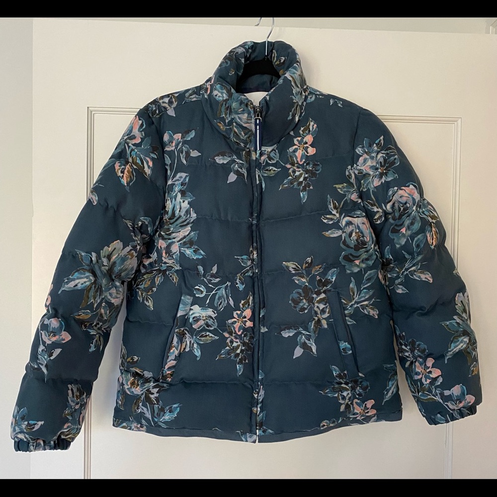 Anthropologie Blue Floral Puffer Jacket - Gem